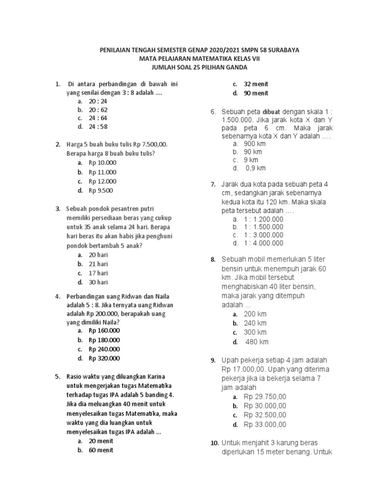 Soal Pts Matematika Kelas 7 | PDF