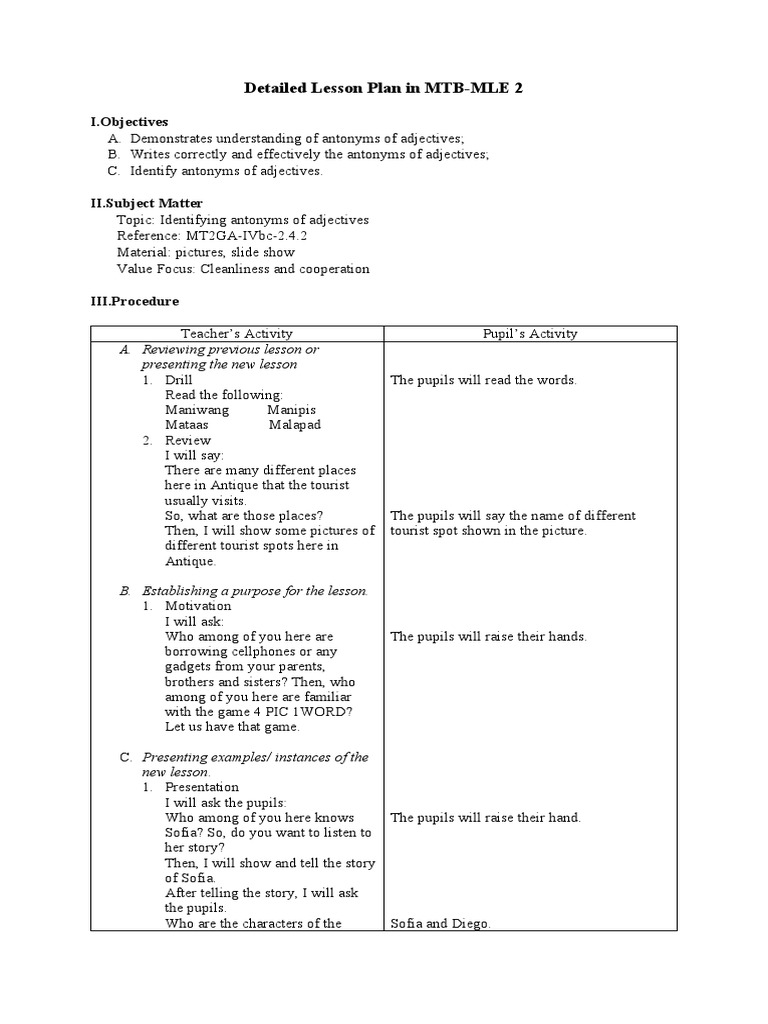 Detailed Lesson Plan in MTB-MLE 2: I.Objectives | PDF | Pedagogy ...