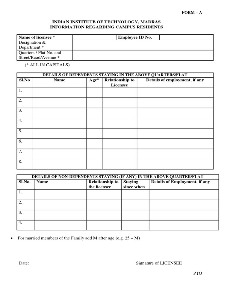 IITM Quarters Resident Form | PDF