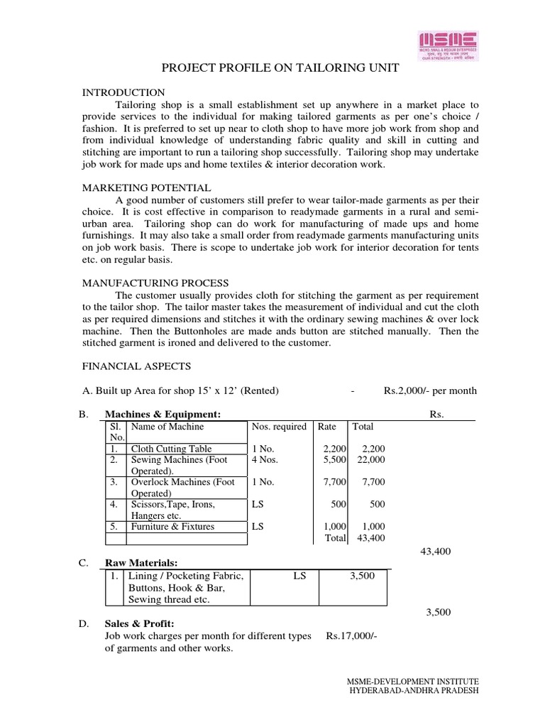 Project Profile On Tailoring Unit: Machines & Equipment | PDF ...