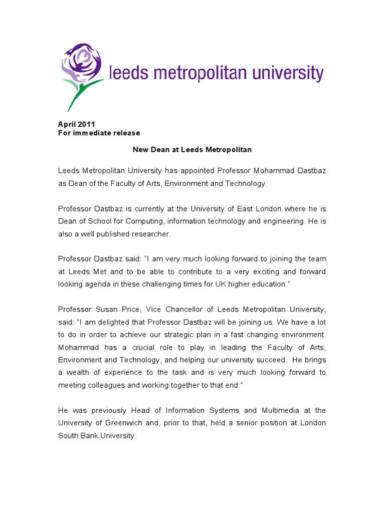 New Dean Appointed at Leeds Met University | PDF | Academia | Leeds