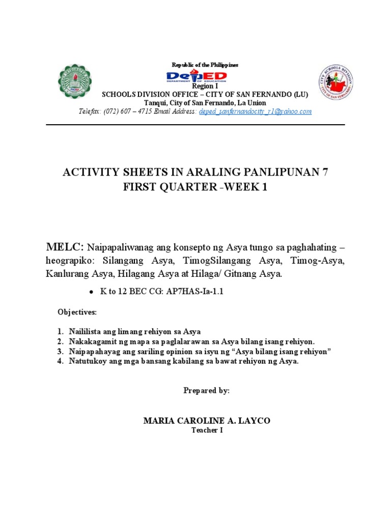 Activity Sheets in Araling Panlipunan 7 First Quarter | PDF