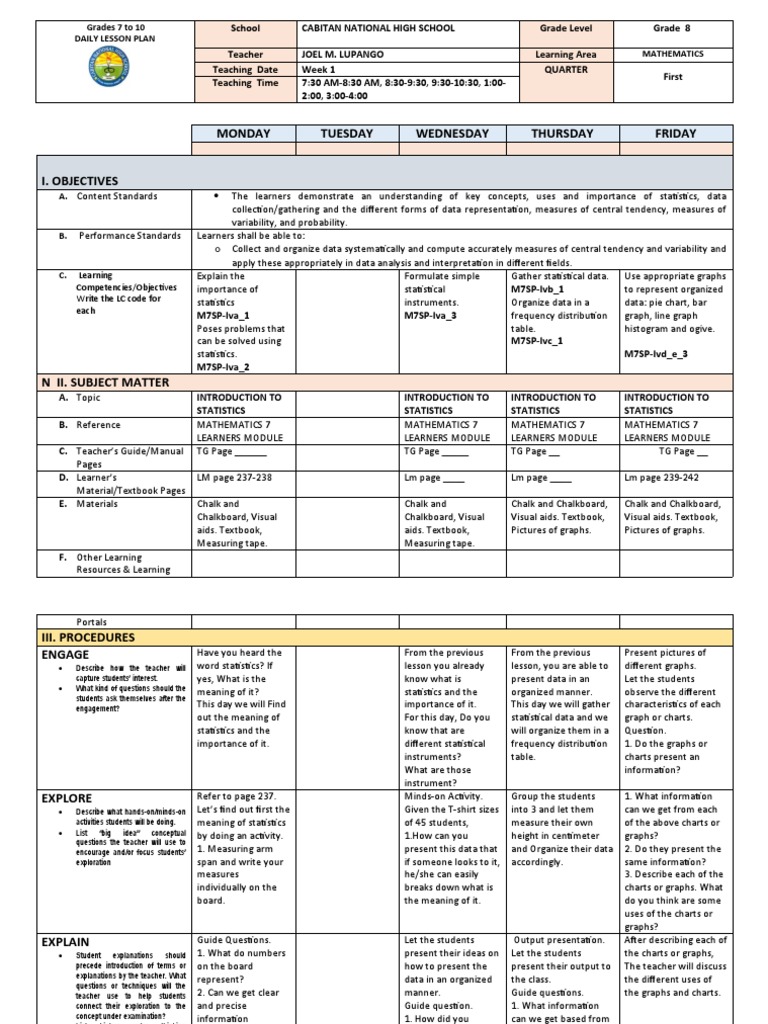 Monday Tuesday Wednesday Thursday Friday: Grades 7 To 10 Daily Lesson ...