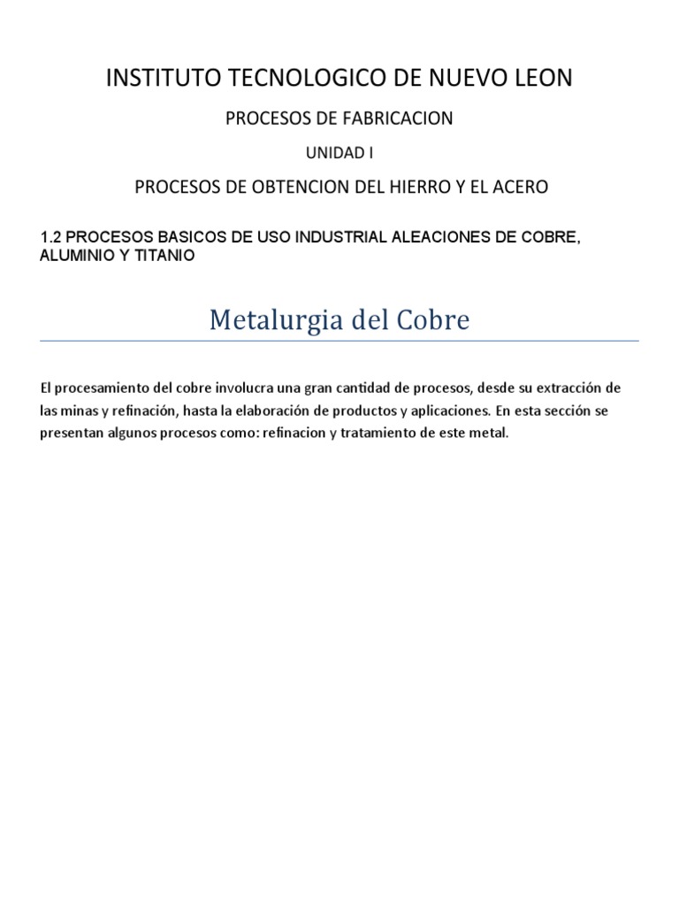 Procesos metalúrgicos de cobre, aluminio y titanio | PDF | Aluminio | Cobre