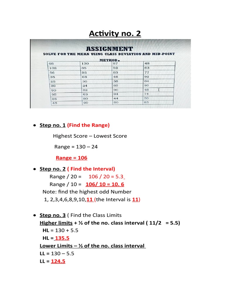 Activity No. 2: Step No. 1 Highest Score - Lowest Score Range 130 - 24 ...