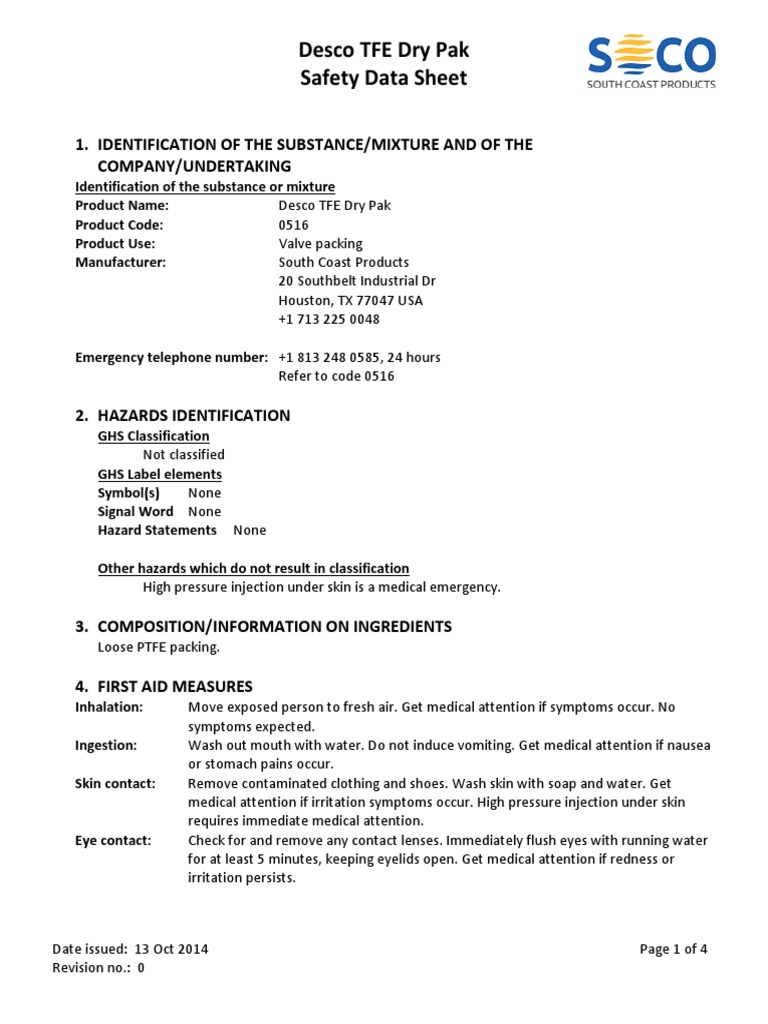 Desco Tfe Dry Pak Ghs | Download Free PDF | Toxicity | Safety