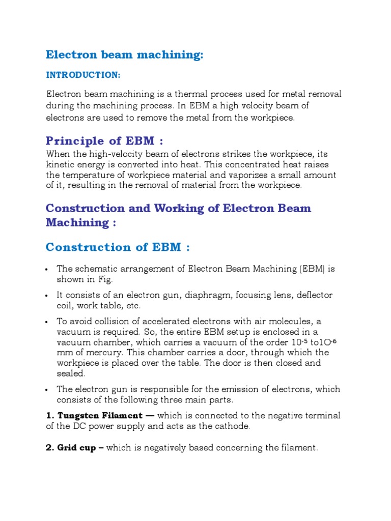 Electron Beam Machining:: Principle of EBM | PDF | Electron | Machining