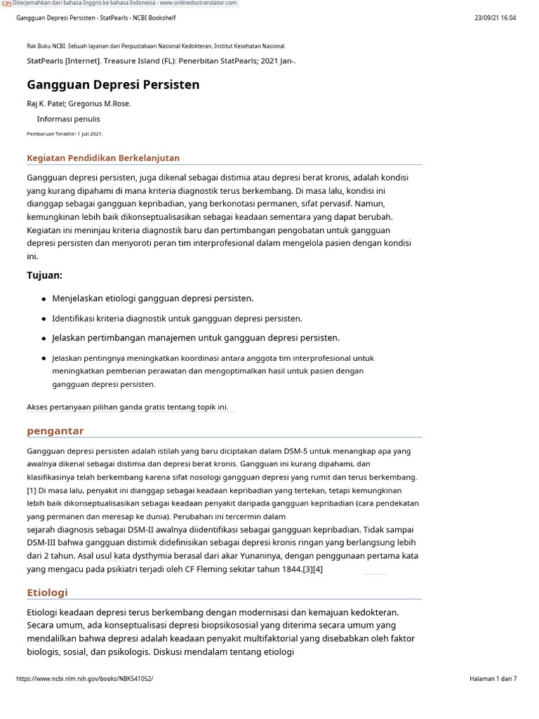 Persistent Depressive Disorder - StatPearls - NCBI Bookshelf - En.id | PDF