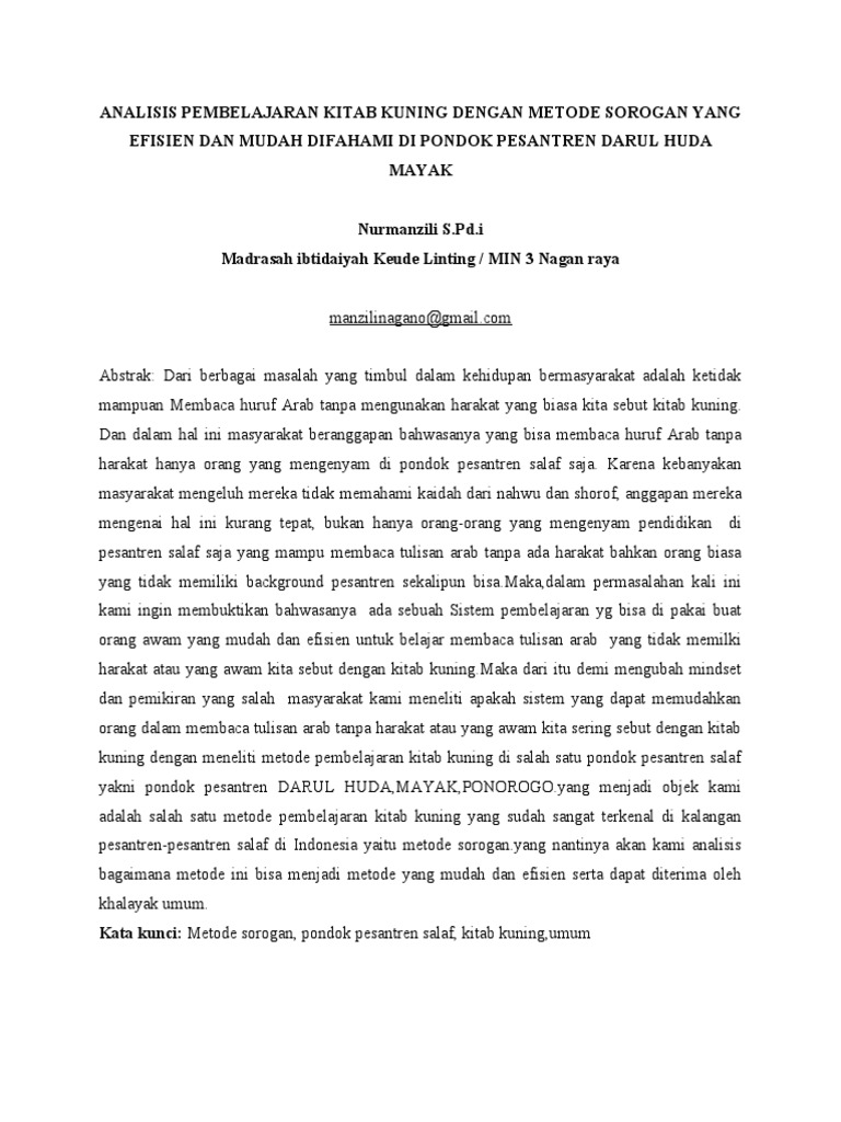 Analisis Pembelajaran Kitab Kuning Dengan Metode Sorogan Yang Efisien Dan Mudah Difahami Di ...