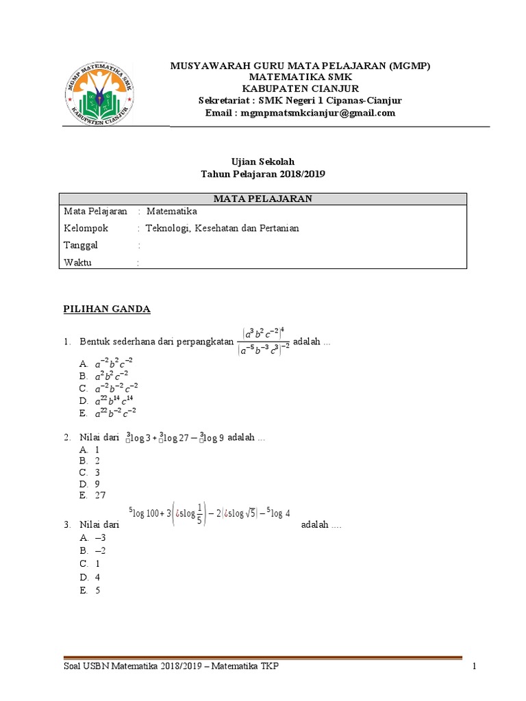 Soal Usbn Matematika Kel. TKP 2019 | PDF | Metode & Bahan Ajar