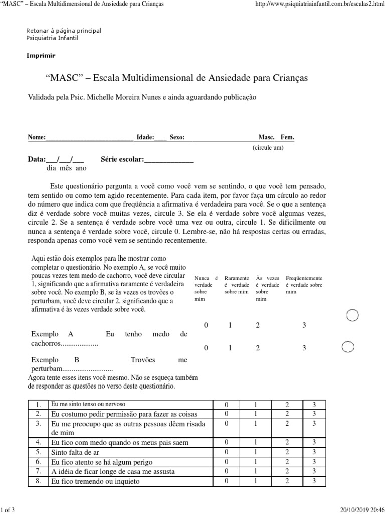 MASC: Avaliação de Ansiedade Infantil | PDF | Ansiedade