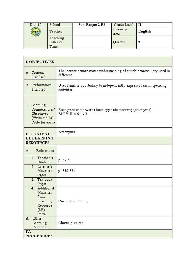 Demonstration Teaching Antonyms | PDF | Teachers | Vocabulary