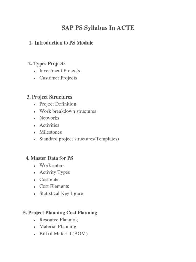 SAP PS Syllabus in ACTE: 1. Introduction To PS Module | PDF