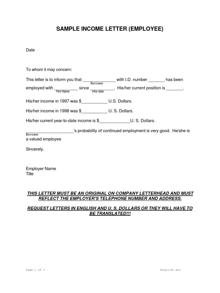 Sample Income Letter (Employee) | PDF | Telephone Number | Financial ...