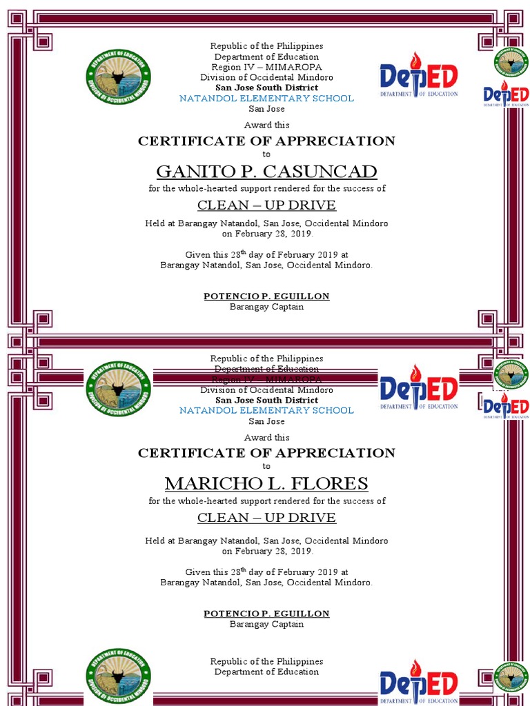 Certificate of Appreciation for Clean-Up Drive | PDF | Public ...
