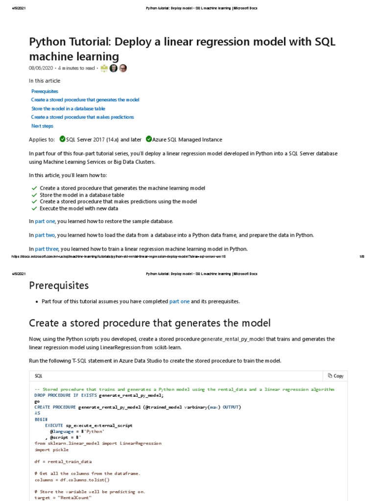 Python Tutorial Deploy Model Sql Machine Learning Microsoft Docs