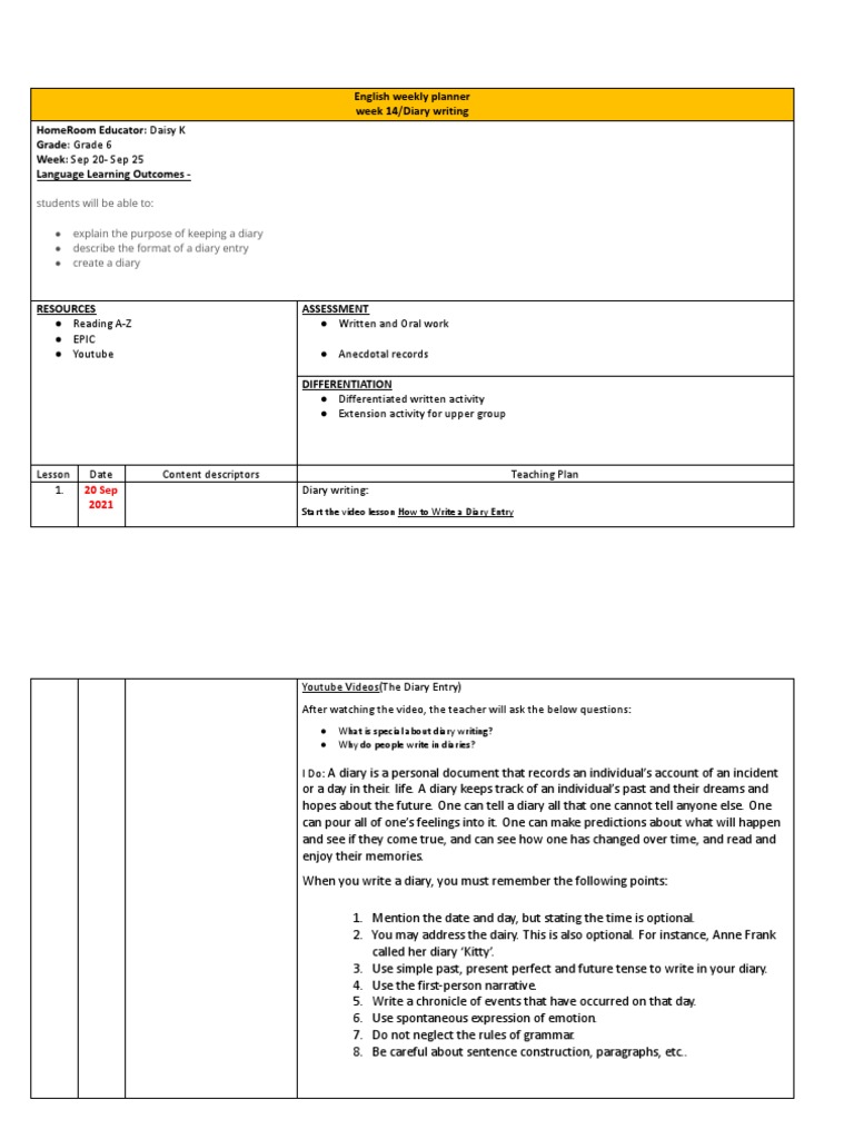 Grade 6 Diary Writing Lesson Plan | PDF | Diary | Teachers