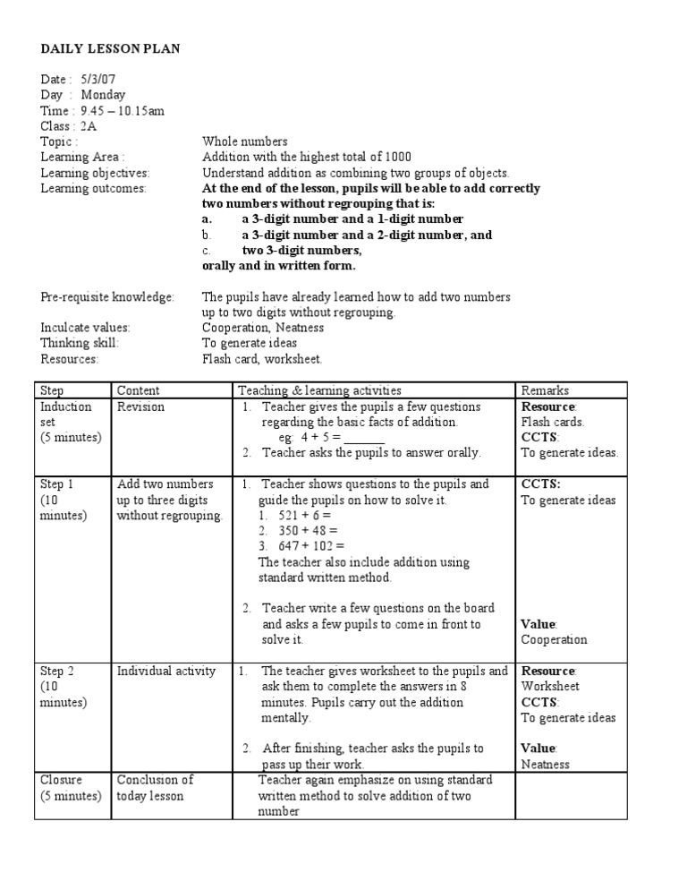 Contoh RPH Matematik | Teachers | Lesson Plan