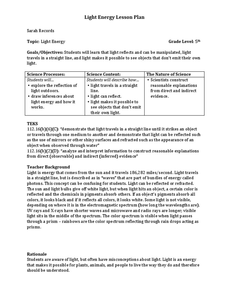 Light Energy Lesson Plan: Students Will Students Will Describe How ...