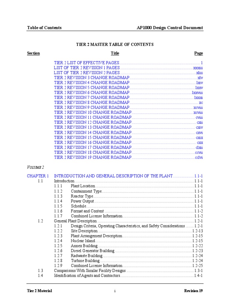 AP1000 Design Control Document: Tier 2 Master Table of Contents Section ...