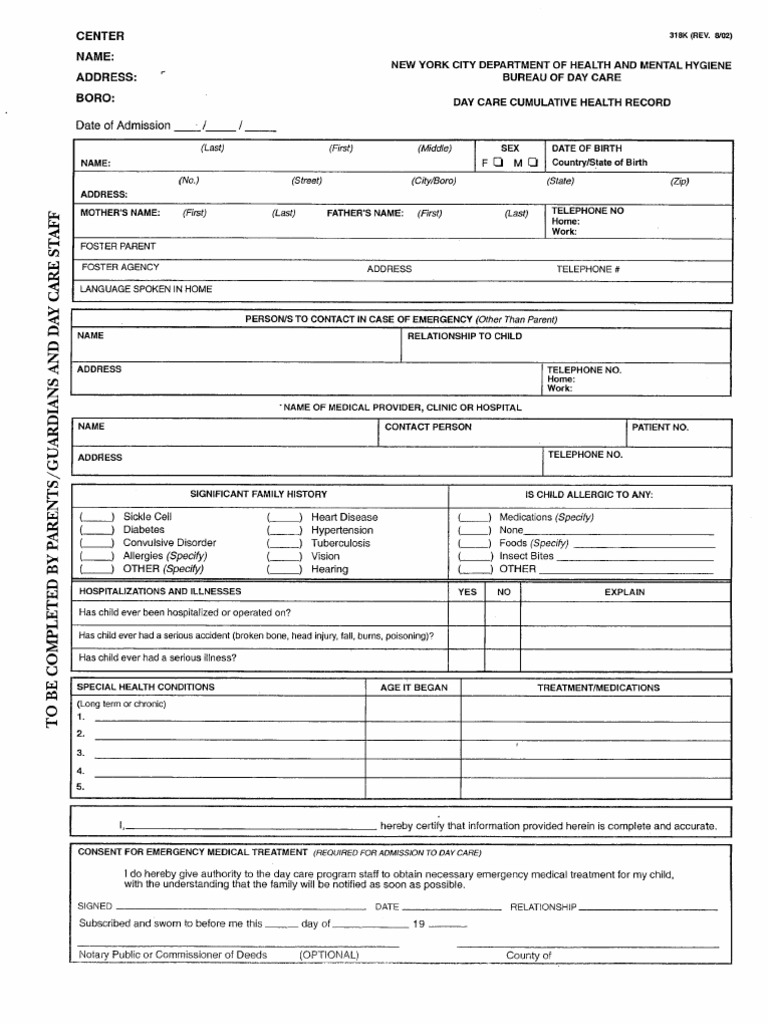 Daycare Cumulative Health Record | PDF