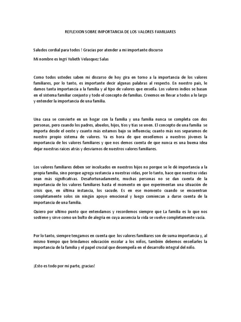 Reflexion Sobre Importancia de Los Valores Familiares | PDF