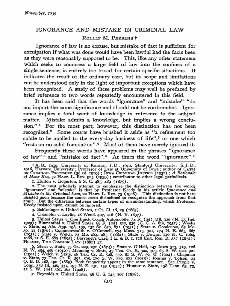 Ignorance of Law Vs Mistake of Fact | PDF | Mens Rea | Intention ...
