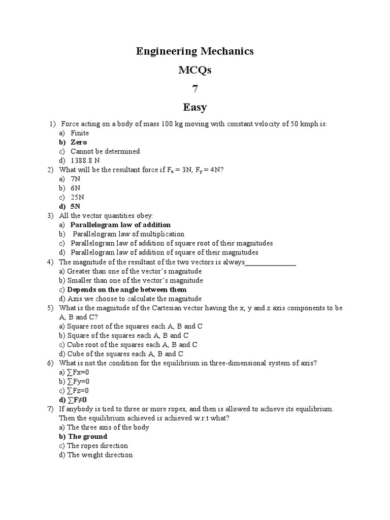 Engineering Mechanics Mcqs 7 Easy: B) Zero | PDF | Force | Cartesian ...