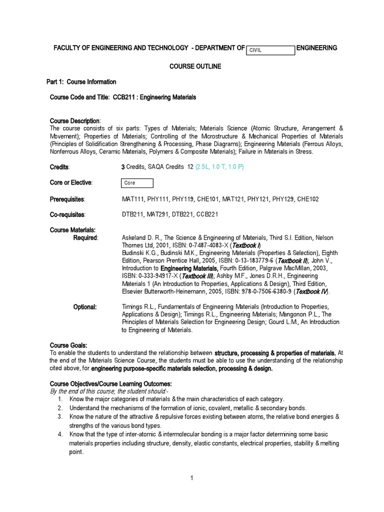 Engineering Materials Course Outline | PDF | Materials Science | Experiment