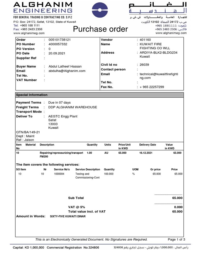 Purchase Order: This Is An Electronically Generated Document. No ...