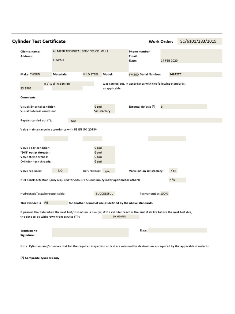 Cylinder Test Certificate | PDF