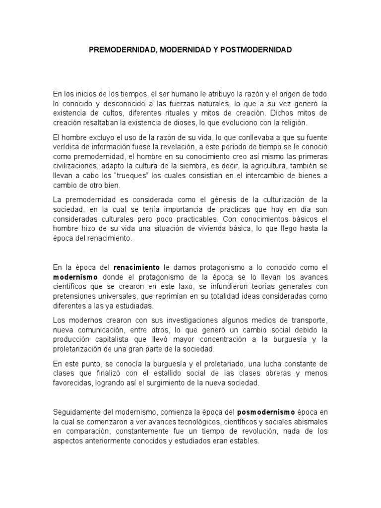 Premodernidad, Modernidad Y Postmodernidad | PDF | Sociedad | Renacimiento
