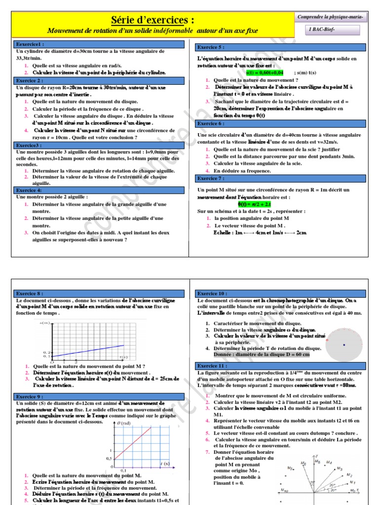 Exercices de mouvement de rotation 1 BAC | PDF | Mouvement de rotation ...