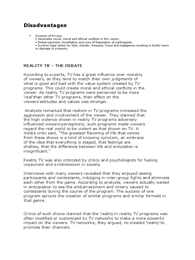 Disadvantages: Reality TV - The Debate | PDF | Reality | Reality Television