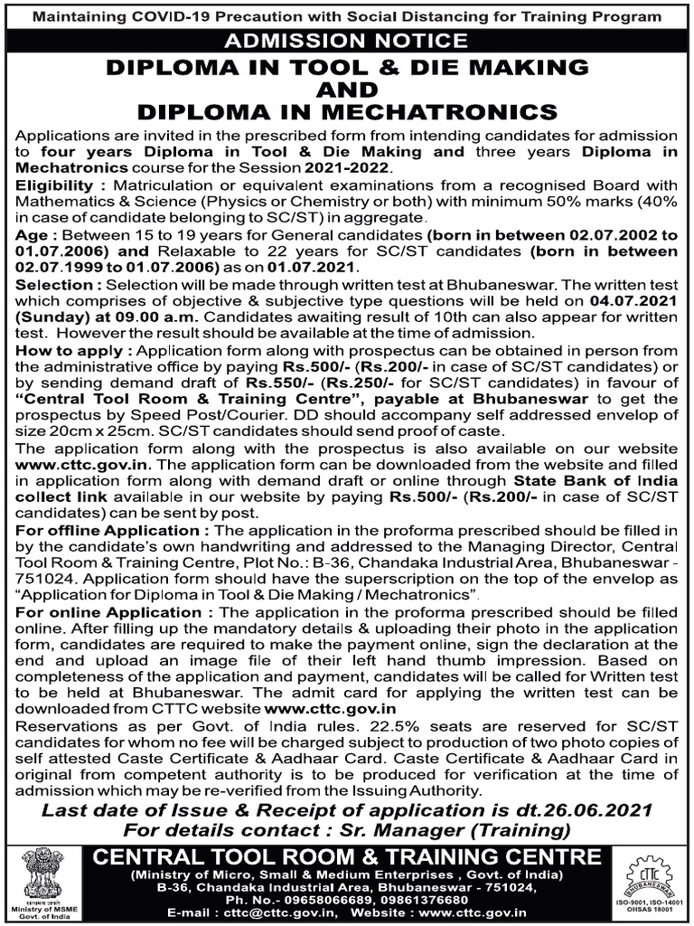 CTTC Bhubaneswar Diploma Course Details | PDF | University And College ...
