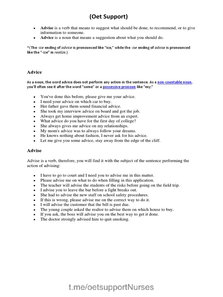 Advice and Advise With OET Example | PDF | Verb | Grammar