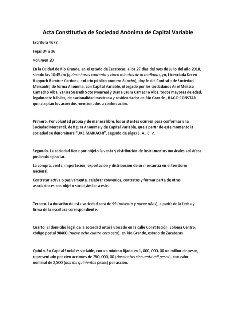 Acta Constitutiva de Sociedad Anónima de Capital Variable | PDF | Sociedad de responsabilidad ...