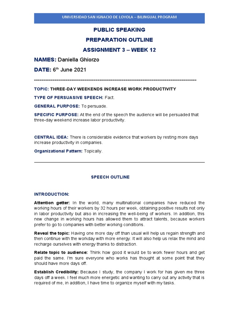 Public Speaking Outline Assignment 3 - Ghiorzo | PDF | Working Time ...