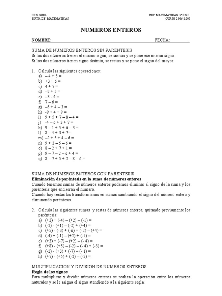 Hoja De Trabajo Para Dividir Y Multiplicar Números Enteros