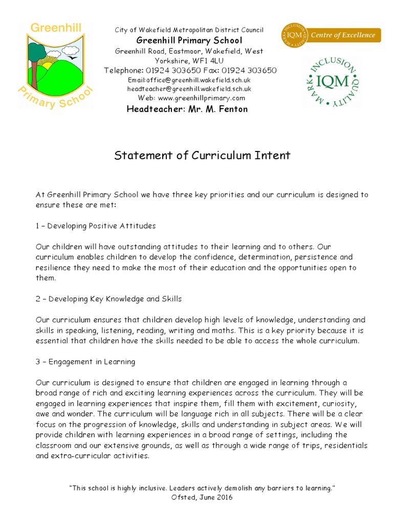 Statement of Curriculum Intent: Greenhill Primary School | PDF