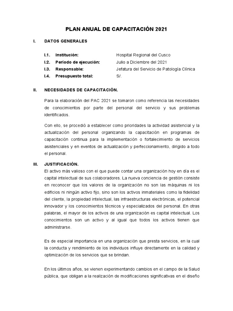 Plan Anual de Capacitación 2021 | PDF | Hospital | Calidad (comercial)