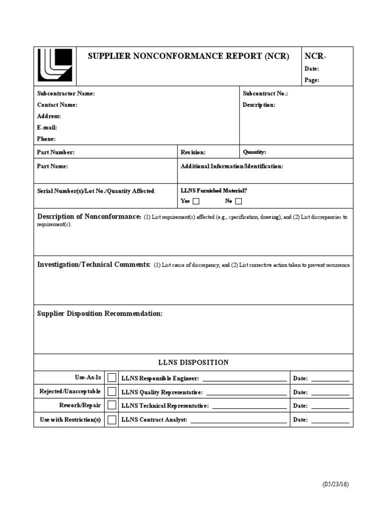 Supplier Nonconformance Report (NCR) NCR | PDF