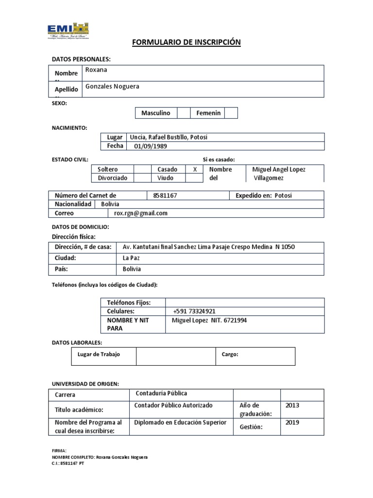 Formulario de Inscripcion | PDF