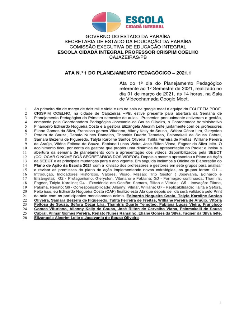 Modelo de Ata - Planejamento 2021.1 | PDF