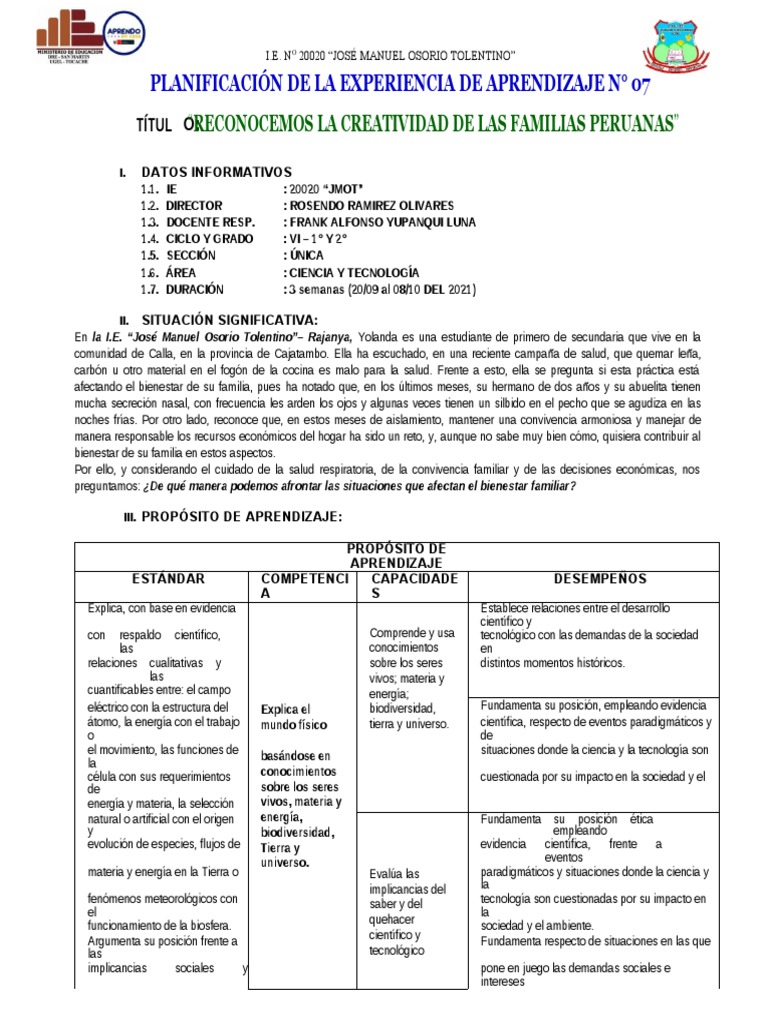 Planificacion de Experiencia de Aprendizaje #07 - 1° y 2° - CyT | PDF | Aprendizaje | Importar