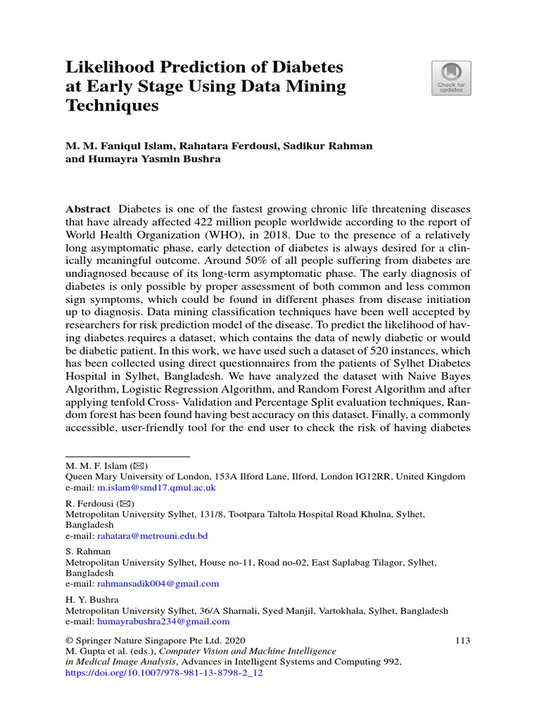 Likelihood Prediction of Diabetes at Early Stage Using Data Mining ...