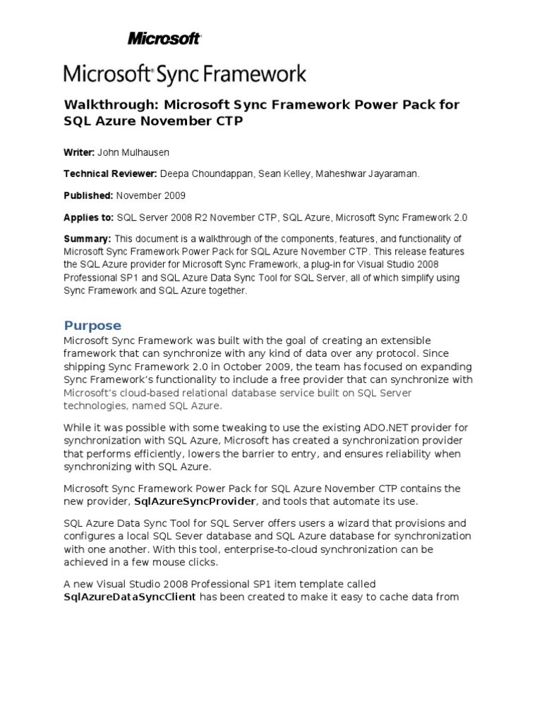 Walkthrough Microsoft Sync Framework Power Pack For Sql Azure November Ctp Pdf Microsoft Sql