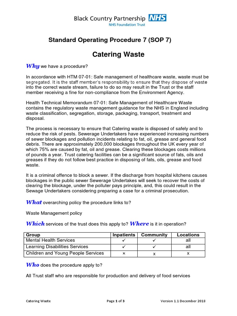 Catering Waste Management SOP | PDF | Sewage | Sanitary Sewer