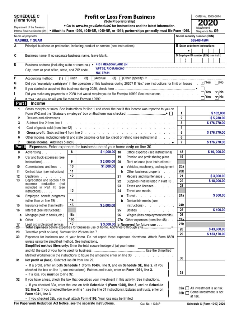 Profit or Loss From Business: Schedule C (Form 1040) 09 | PDF | Expense ...