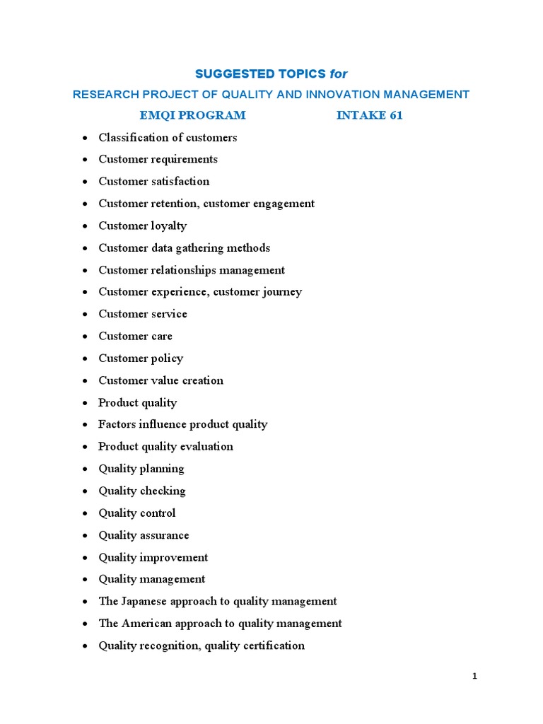 Suggested Topics For: Research Project of Quality and Innovation ...